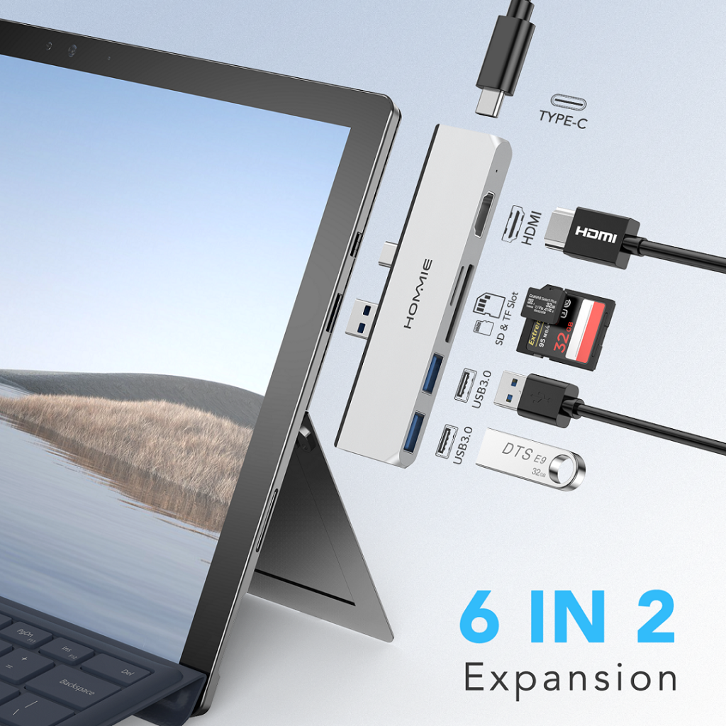 Surface Pro 7 USB C Hub, Hommie 6 in 2 Type-C Hub Adapter Dock Station ...
